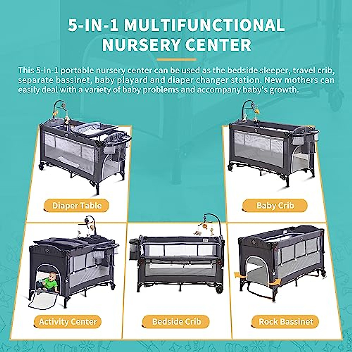 5-in-1 Baby Bedside Sleeper with Bassinet, Multifunction Bedside Baby Crib from Newborn to Toddlers, U-Shaped Diaper Changer, Safety Strap, Music Box & Hanging Toys, Baby Playard Deluxe Nursery Center