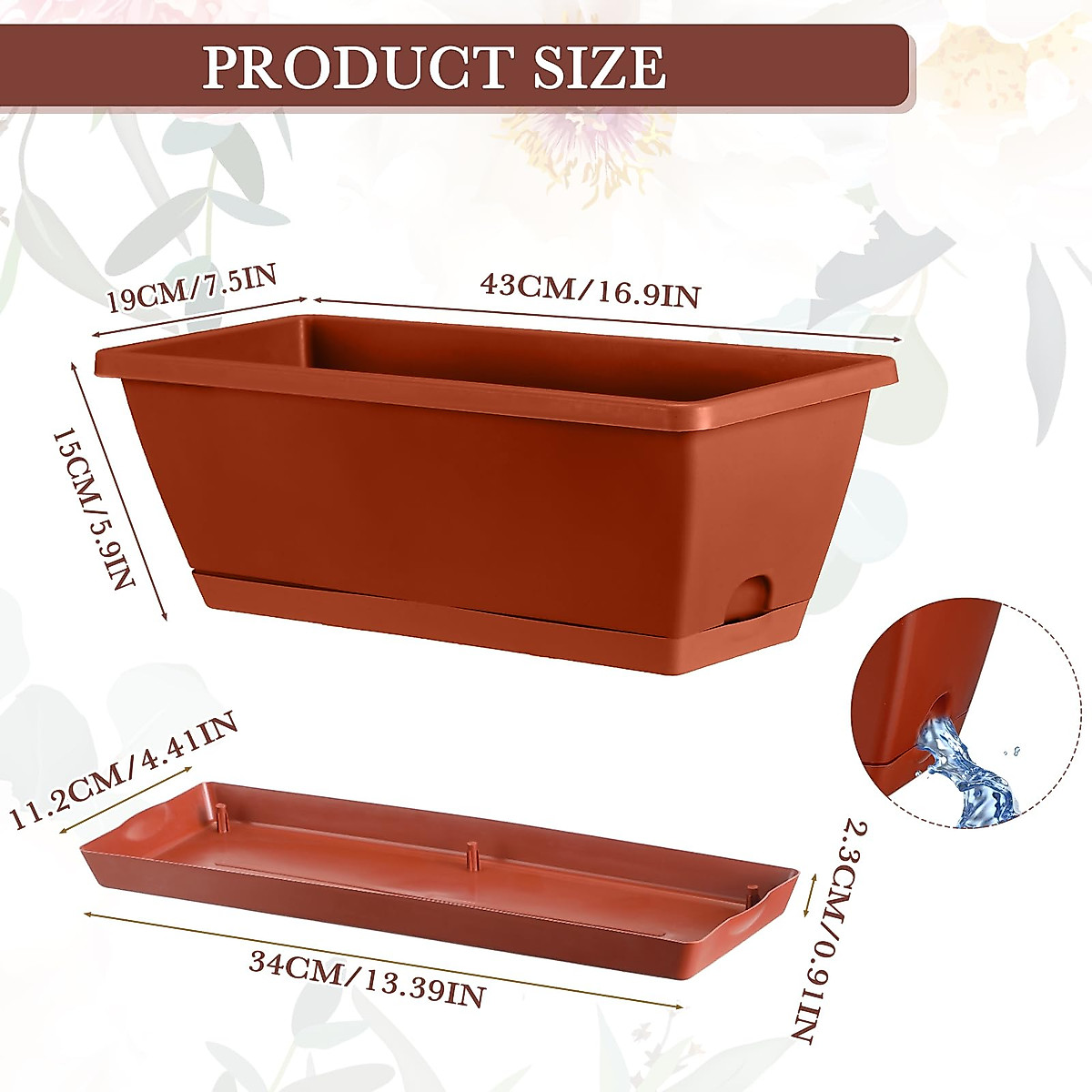 Dandat 24 Pack Window Box Planter Plastic Planter Boxes 17 Inches Vegetable Planters Rectangle Flower Pots with Drainage Holes and Trays for Indoor Outdoor Garden Patio Home Decor (Red)