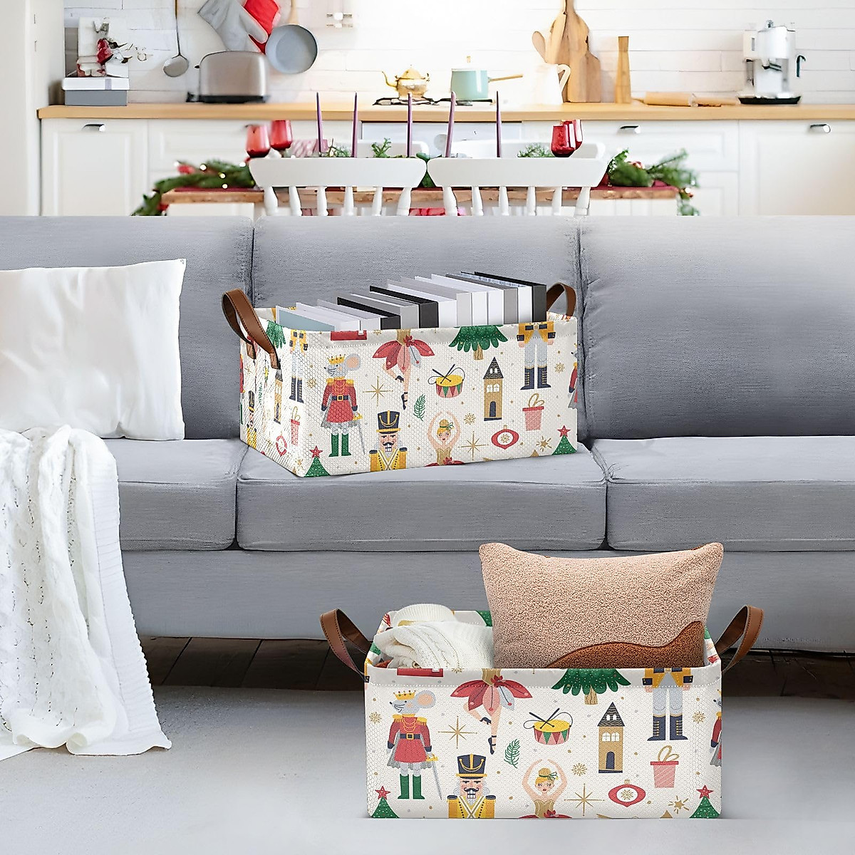 Exnundod Collapsible Storage Bin Merry Christmas Nutcracker Organizer Storage Shelf Basket New Year Storage Boxes with Handles for Closet Blanket Toys Home Dorm Office