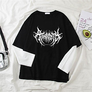 Goth Shirt Gothic Shirt Fake Two-Piece Alternative Clothing Goth Long Sleeve Top Grunge Clothes (Black02,XXL,XX-Large)