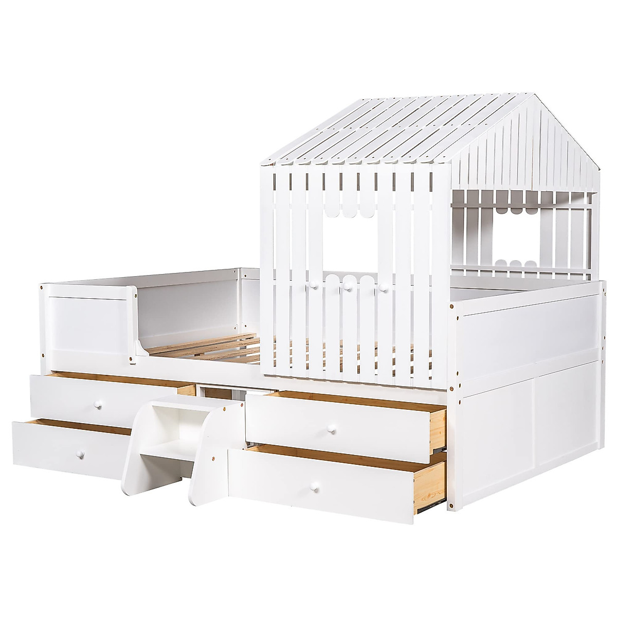 House Low Loft Bed with Trundle and Full-Length Guardrails,Wooden Bed Frame with with A Roof and Window for Bedroom (White with 4 Drawers, Full)