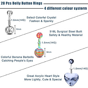 Besteel 28Pcs 14G Belly Button Rings Surgical Steel CZ Belly Rings for Women Colorful Belly Piercings Screw Navel Barbells Body Piercing Jewelry