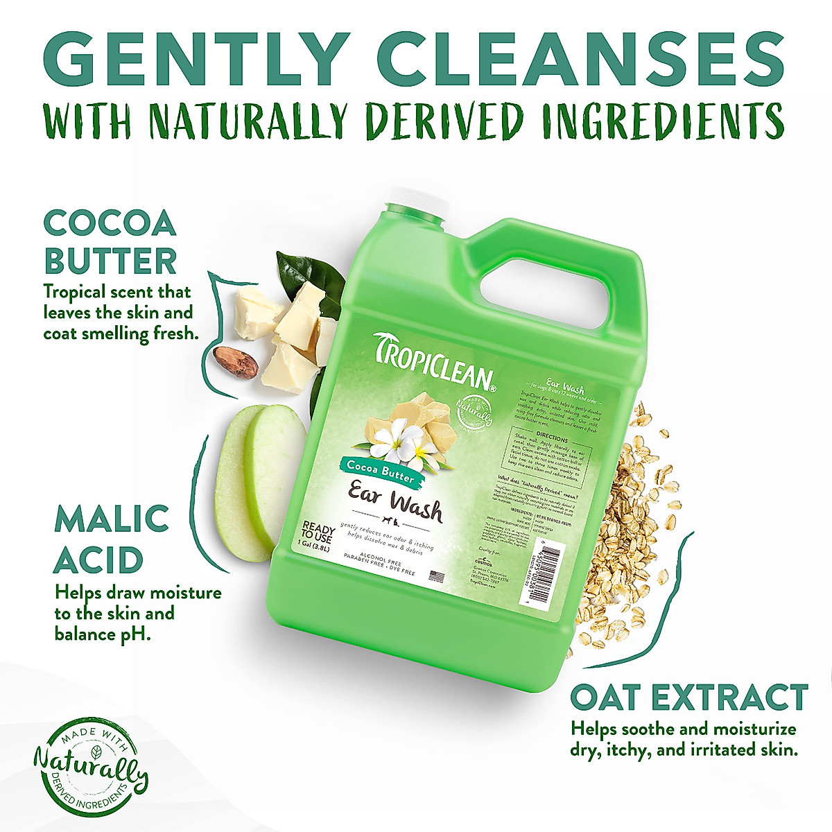 TropiClean Cocoa Butter Ear Wash for Dogs & Cats | Alcohol Free Dog Ear Cleaner Solution | Pet Ear Wash Derived from Natural Ingredients | Made in The USA | 1 Gallon