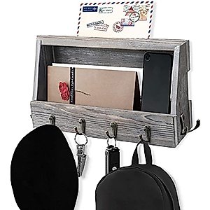 Oyydecor Key Holder for Wall Decorative Mail Organizer, Rustic Wooden Wall Mounted Mail Holder with 6 Key Hooks for Entryroom, Hallway, Kitchen, Office (Rustic White)