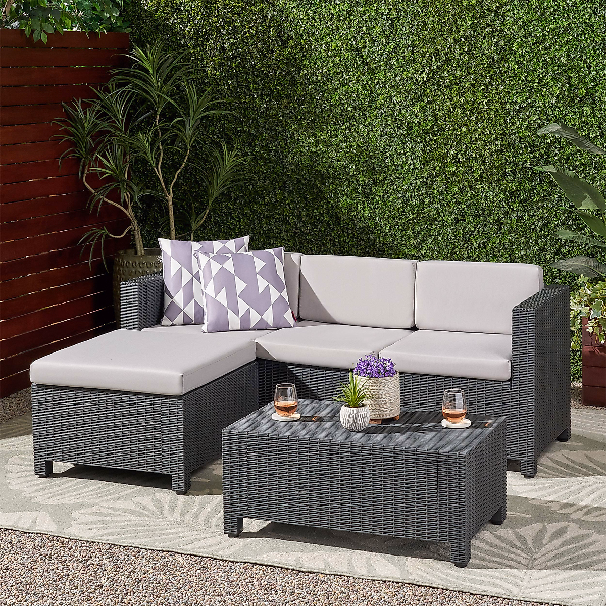 Great Deal Furniture Stephanie Outdoor Faux Wicker 3 Seater Sectional Set with Ottoman, Dark Gray and Gray