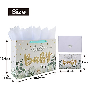 16.5" Extra Large White Gift Bag Set with Greeting Card and Tissue Papers (Gold Glitter ‘Baby’) for Baby Shower, Baby Girl or Boy, Girls' Birthday Party, Women's Birthday Parties - 16.5”x5.5”x12.6”, 1 Pcs.