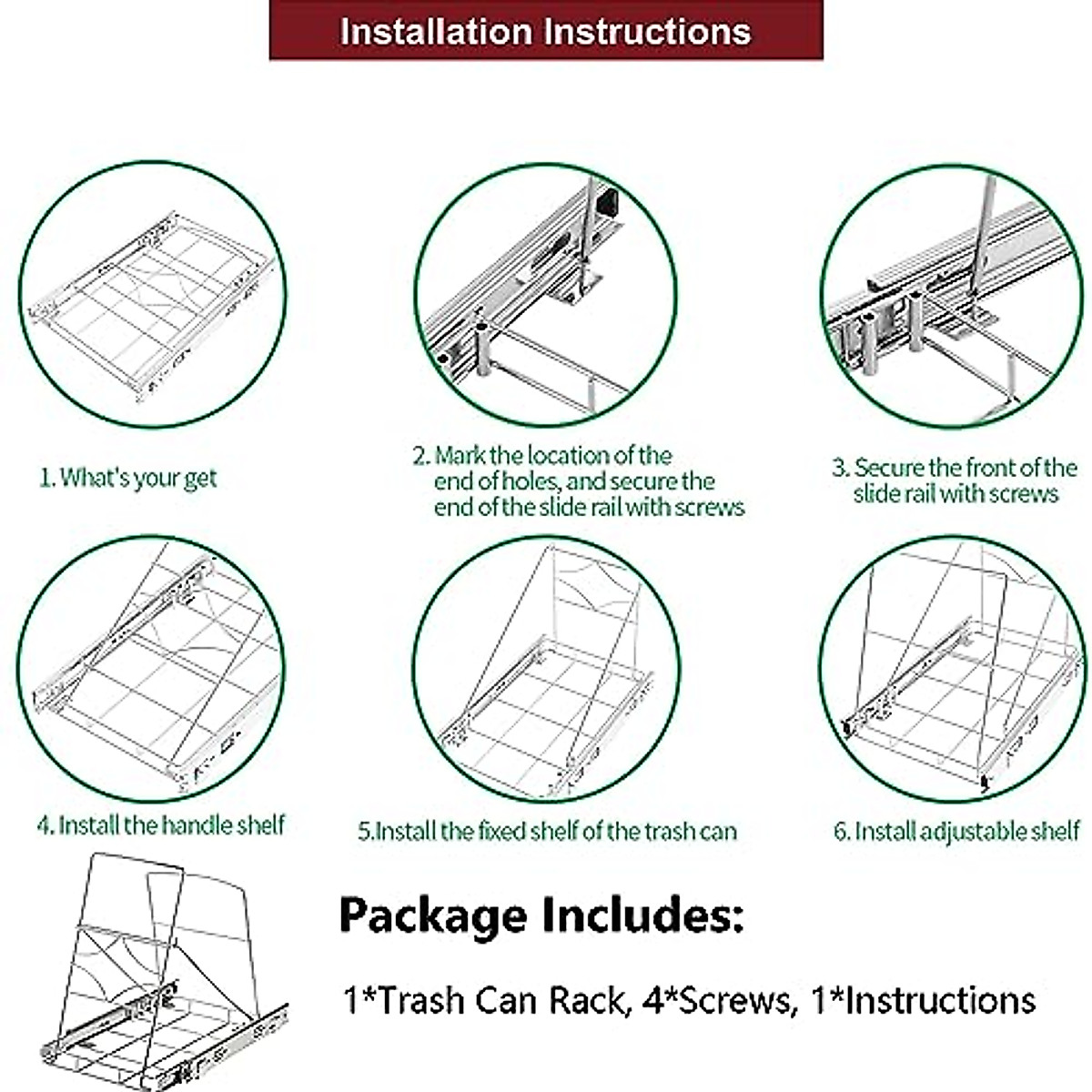 Youeon Pull Out Trash Can Under Cabinet, Adjustable Heavy Duty Under Sink Trash Can Pull Out, Slide Out Garbage Shelf for Kitchen Cabinet, Trash Can Not Included