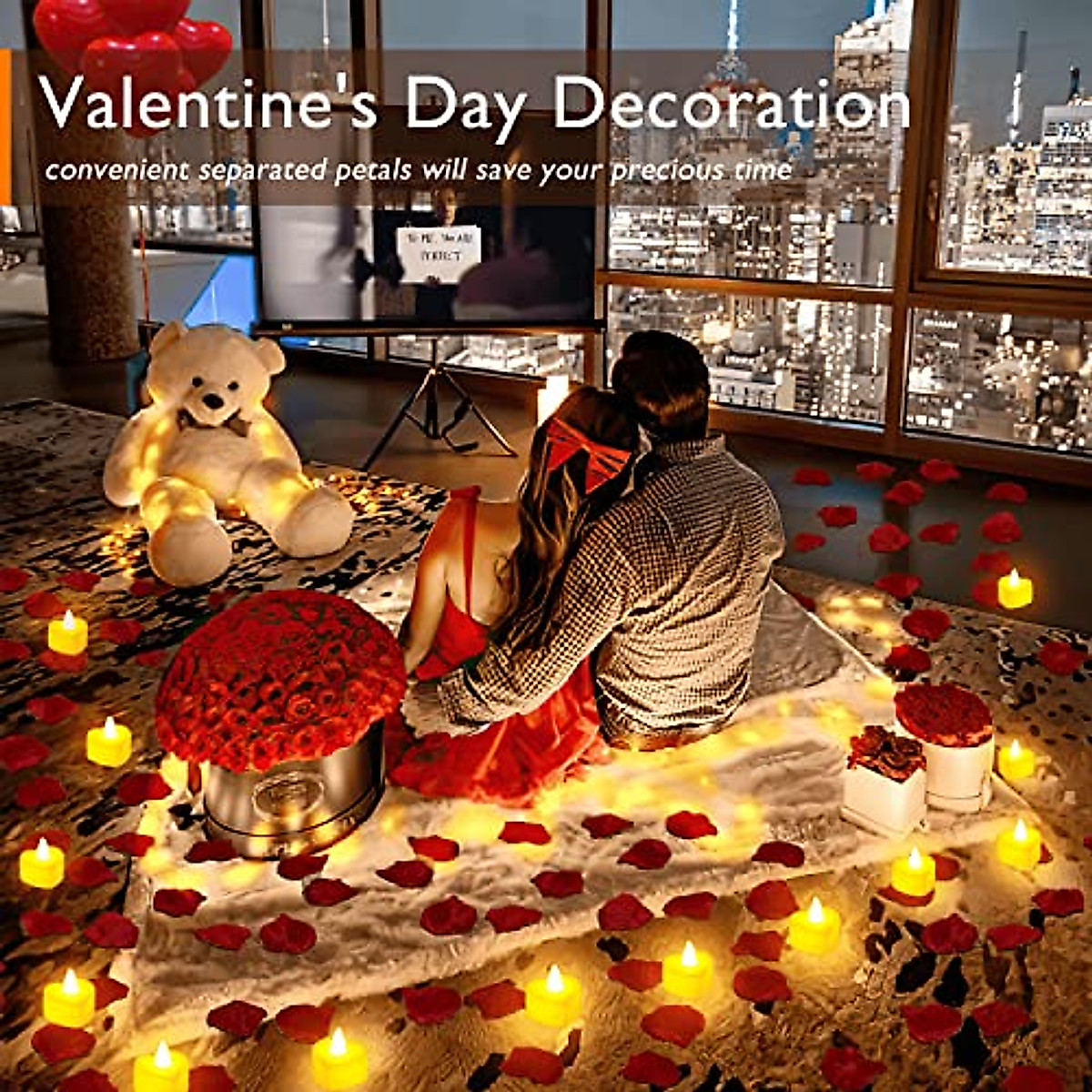 Homemory Romantic Night For Her Set, 1000Pcs Artificial Rose Petals | 30Pcs Burgundy Heart Balloon | 24Pcs Battery Candles, Heart Tea Lights Candles for Romantic Night, Valentine, Wedding, Anniversary