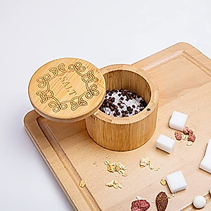 TENSITY Salt Box, Bamboo Storage Box with Magnetic Swivel Lid, Bamboo Seasonings Box with Mini Spoon (Celtic Knot)