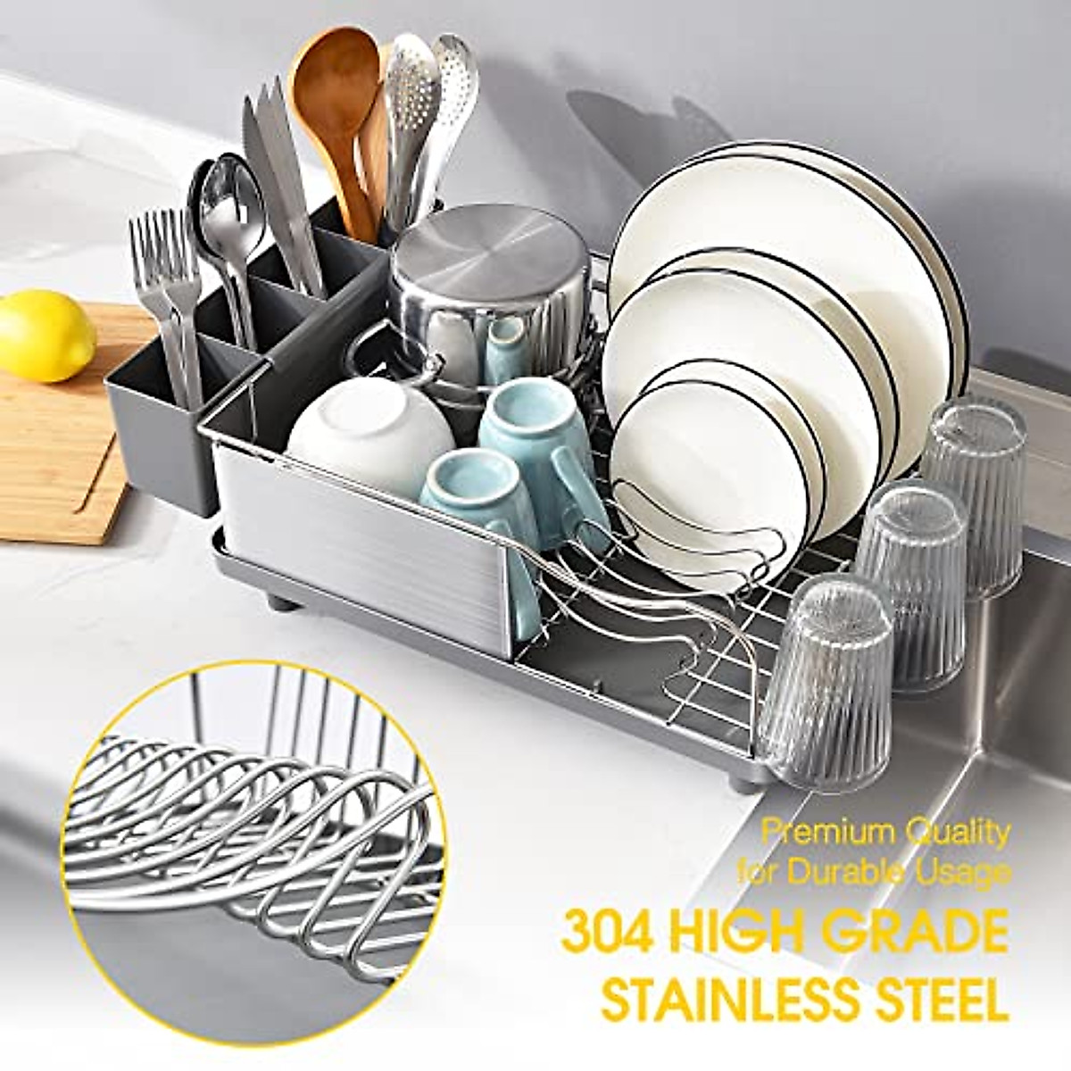TOOLF Dish Rack, 304 Stainless Steel Dish Drying Rack for Kitchen Counter, Dish Drainer with Cutlery Holder for Large Capacity, Grey