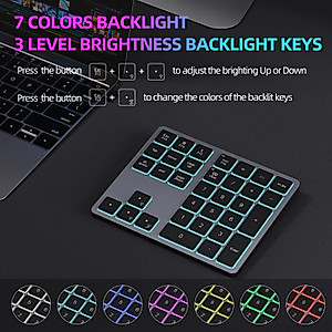 Doohoeek Backlit Bluetooth Numeric Keypad for Laptops and Computers, Number Pads 34 Keys with 7-Color Backlight for MacBook & Windows, Gray