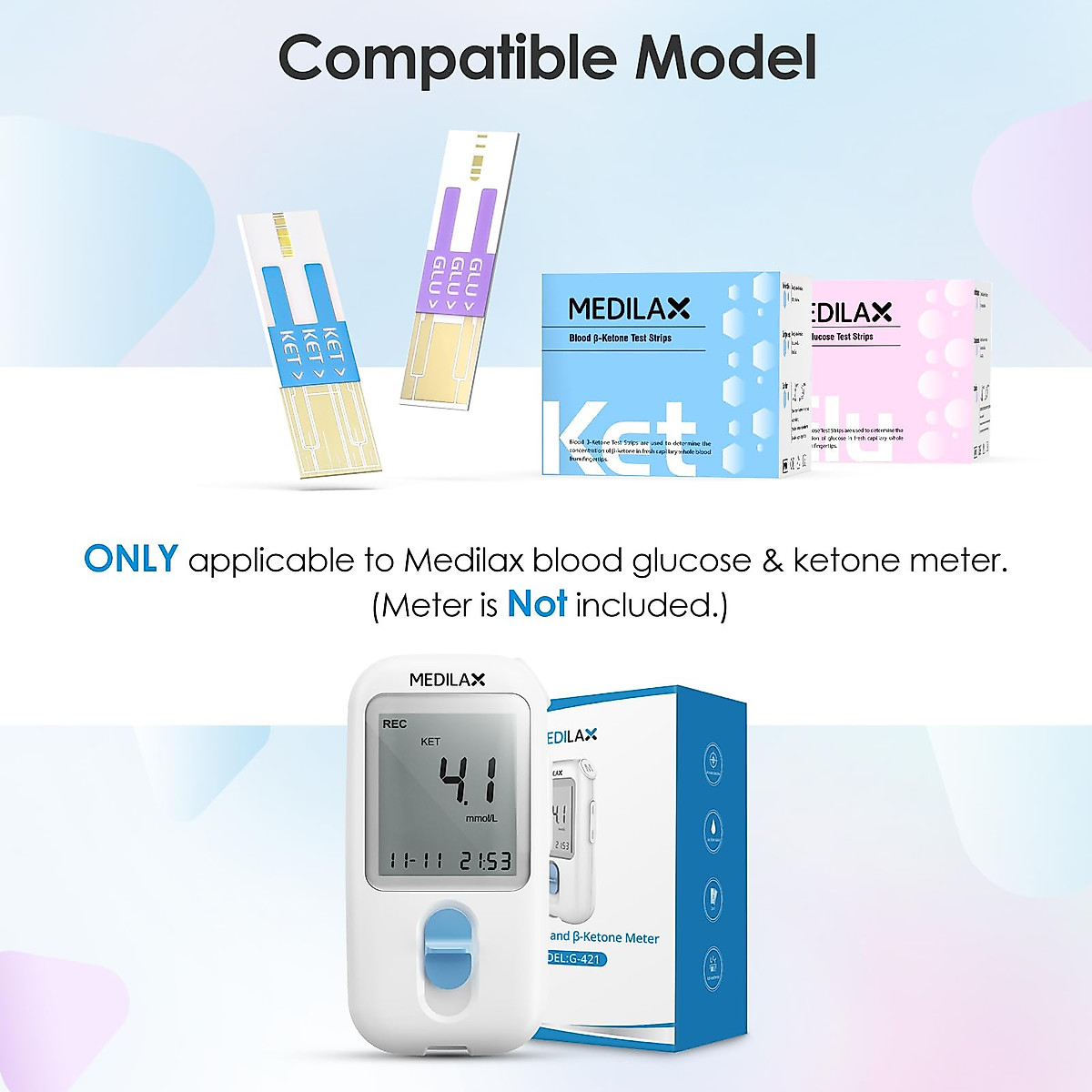 Medilax Blood Ketone and Sugar Strips, Only for Medilax Keto Test and Glucose Meter, 60 Count Diabetic Strips, 60 Count Blood Ketone Strips, 120 Blood Lancets