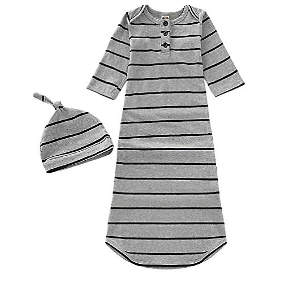 COLOOM Infant Baby Gown Newborn Knotted Sleeper Striped Sleep Gowns Swaddle & Cap (Grey Stripes, 0-6Months)