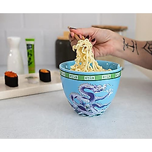 Bowl Bop Blue Dragons Japanese Ceramic Dinnerware Set | Includes 16-Ounce Ramen Noodle Bowl and Wooden Chopsticks | Asian Food Dish Set For Home & Kitchen | Kawaii Anime Gifts and Collectibles