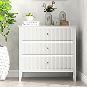 RoyalCraft White Fluted 3 Drawer Dresser for Bedroom, Wide Chest of Drawers for Closet, Modern Wood Dresser Wide Nightstand Cabinet for Living Room