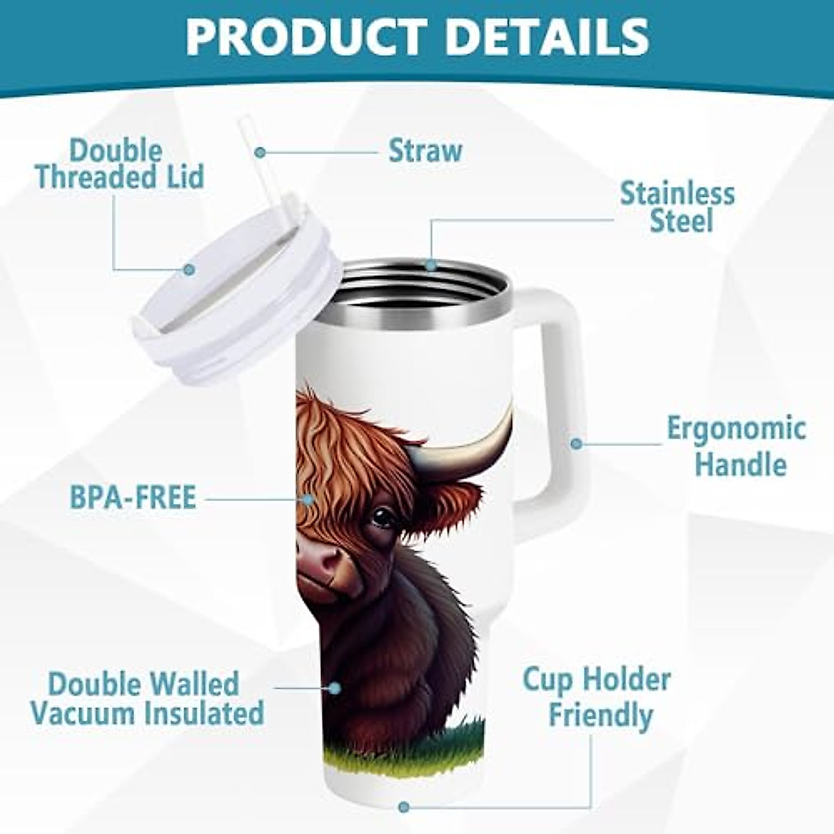 RPLIFE Cute Highland Cow Coffee Tumbler, Stainless Steel Bottle, Insulated Coffee Cups with Lids, Tumbler for Men