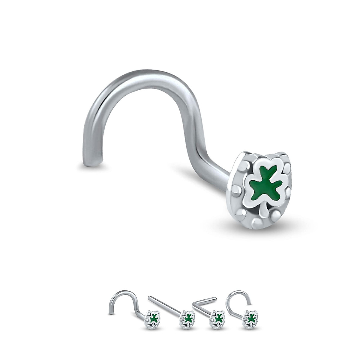 316L Surgical Steel Right Nostril Screw Nose Ring Stud Clover Horseshoe 20G