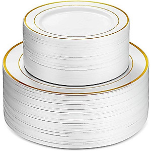 Munfix 600 Piece Gold Dinnerware Set - 100 Gold Rim 10 inch Plastic Plates 100 Gold Rim 7 Inch Plates -300 Gold Plastic Silverware - 100 Gold Plastic Cups - 100 Guest Disposable Gold Dinnerware Set