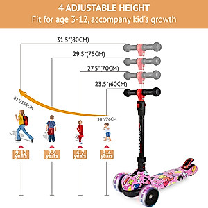 Scooter for Kids Ages 3-12, Foldable & Height Adjustable Kids Scooter with Graffiti Bodywork, Non-Slip Deck and Extra Wide PU Light-up Wheels (200 Lbs Weight Capacity)