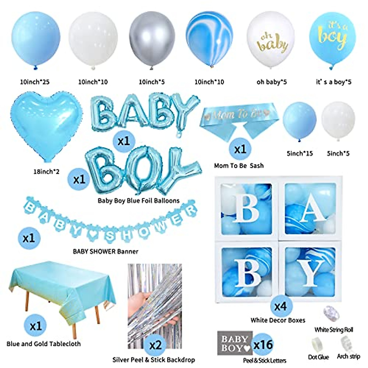 Baby Shower Decoration For Boy Blue Balloons and It's A Boy Themes Party Supplies Boxes Banner Silver Background