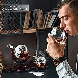 GESHANK Whiskey Decanter Set – Globe Decanter NEW Violin Shaped Stand with Watch – Liquor Decanter with 2 Etched Drinking Glasses and Bar Funnel – Beautiful Gift Packaging – Included Gift Card – 850ml