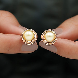 Golden South Sea Pearl Earrings, South Sea Pearl Solitaire Stud Earrings, South Sea Pearl Gold Earrings, Swirl Earrings for Women, 14K Rose Gold