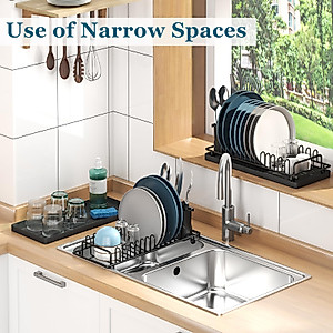 XYZLVSI Small Dish Drying Rack, Compact Dish Rack Sink Drying Rack with Silicone Mat, Dish Drainer Dish Organizer for Kitchen Counter & Over Sink, Stainless Steel, Black