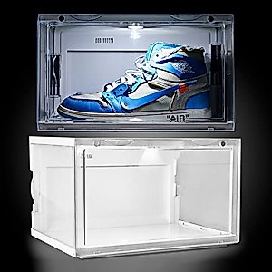 STAHMFOVER 2-Pack LED Sneakers Boxes-Voice Control,Stackable Clear Shoe Display Cases-Easy Access,Plastic Collection Storage Containers with Lids, Magnetic Open Shoe Organizer (WHITE)