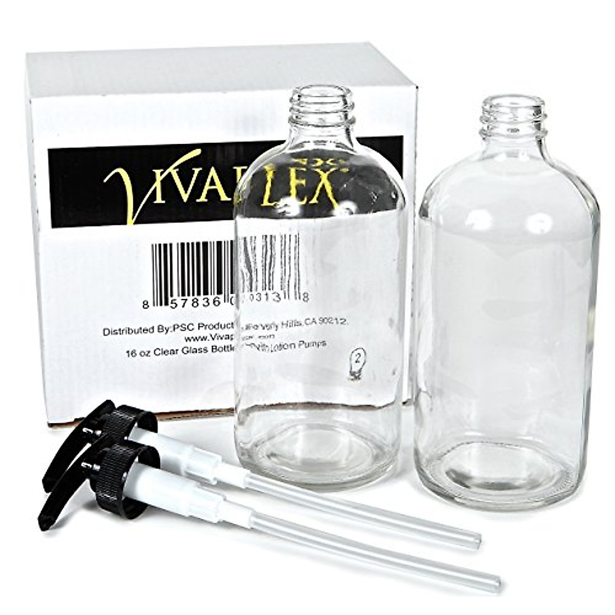 Vivaplex, 2, Large, 16 oz, Empty, Clear Glass Bottles with Black Lotion Pumps