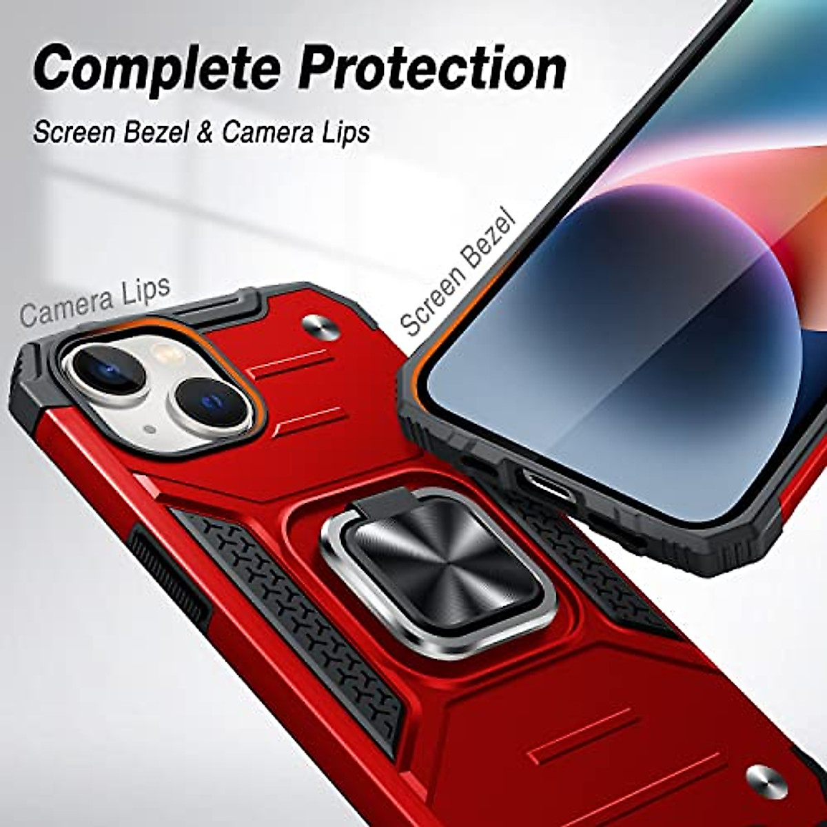 JAME for iPhone 14 Case with Screen Protector [2 PCS], Shockproof Bumper Case for iPhone 14 Case for Women & Men, Heavy-Duty Protection with Metal Ring Kickstand Case for iPhone 14, Red