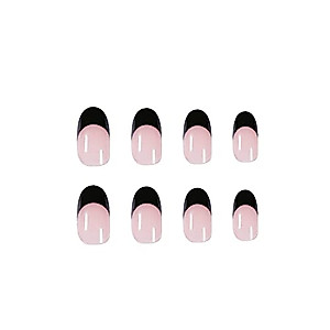 Kamize Fake Nails Medium Lenght French Press on Nails Almond Acrylic Full Cover Black False Nails for Women and Girls24PCS