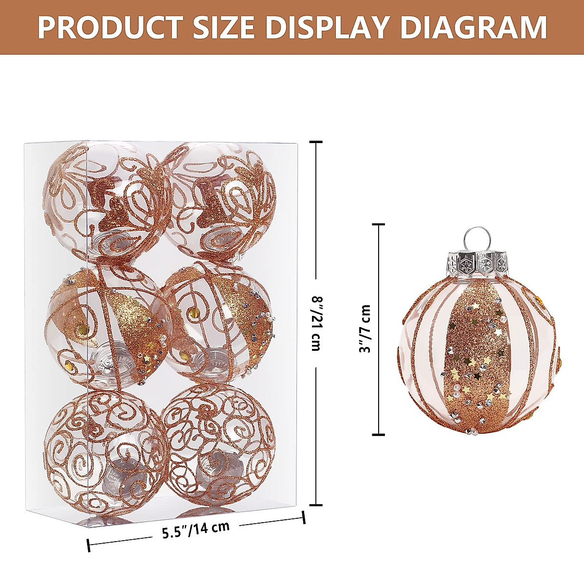 MoonXmas Christmas Ornaments Set, 2.75"/70MM Red Clear Plastic Shatterproof Christmas Tree Hanging Decorations, for Indoor Home Halloween Thanksgiving Xmas Decor - 6Pcs.