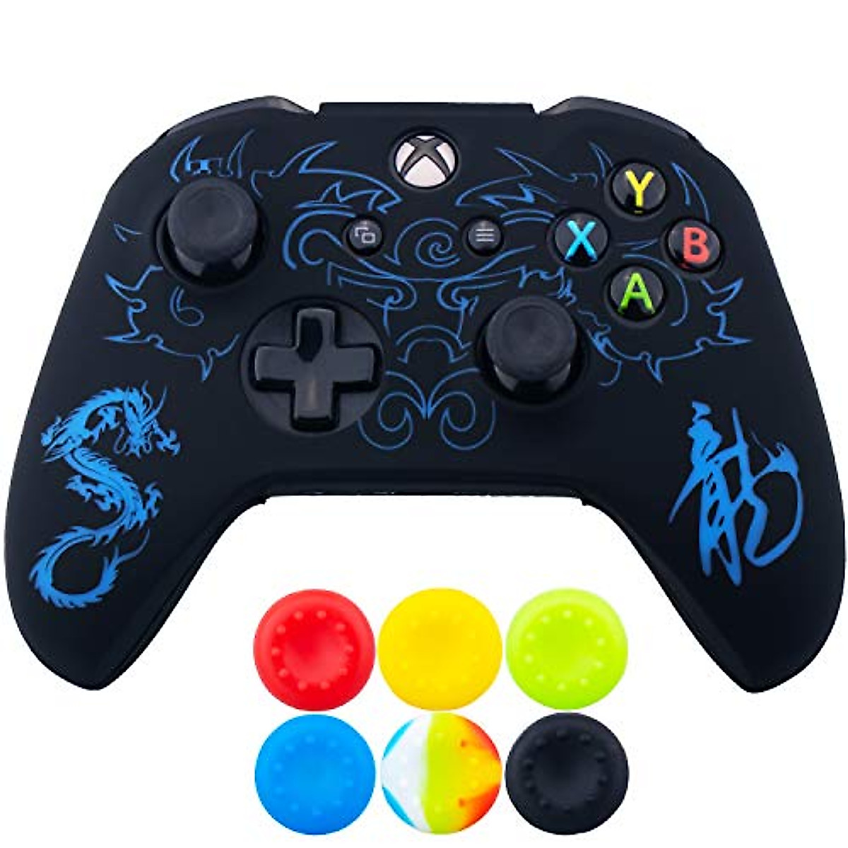 9CDeer 1 x Silicone Laser Carving Protective Cover Skin + 6 Thumb Grips for Xbox One S/X Controller Loong Blue
