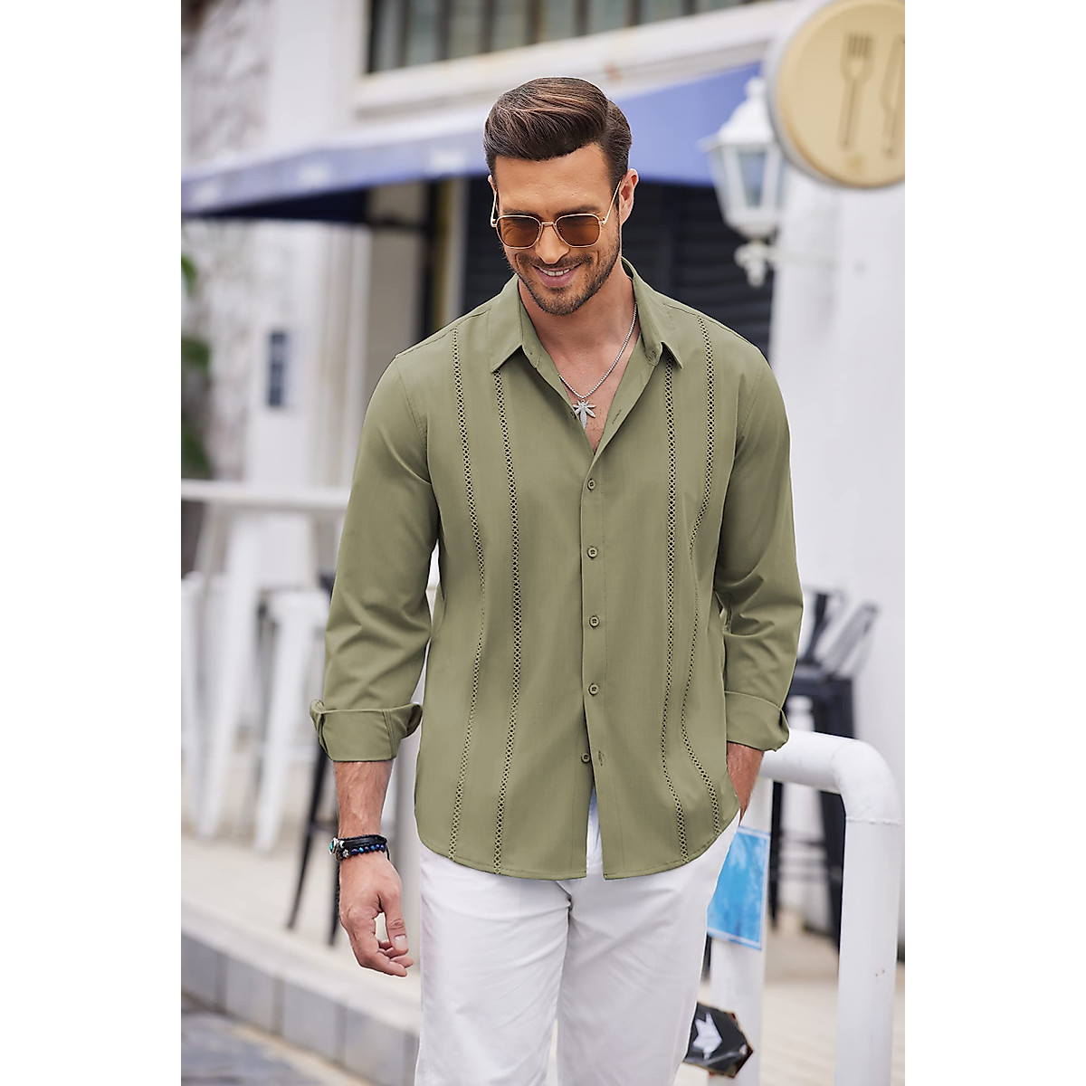 COOFANDY Mens Long Sleeve Cuban Guayabera Shirt Casual Summer Beach Button Down Shirts Green