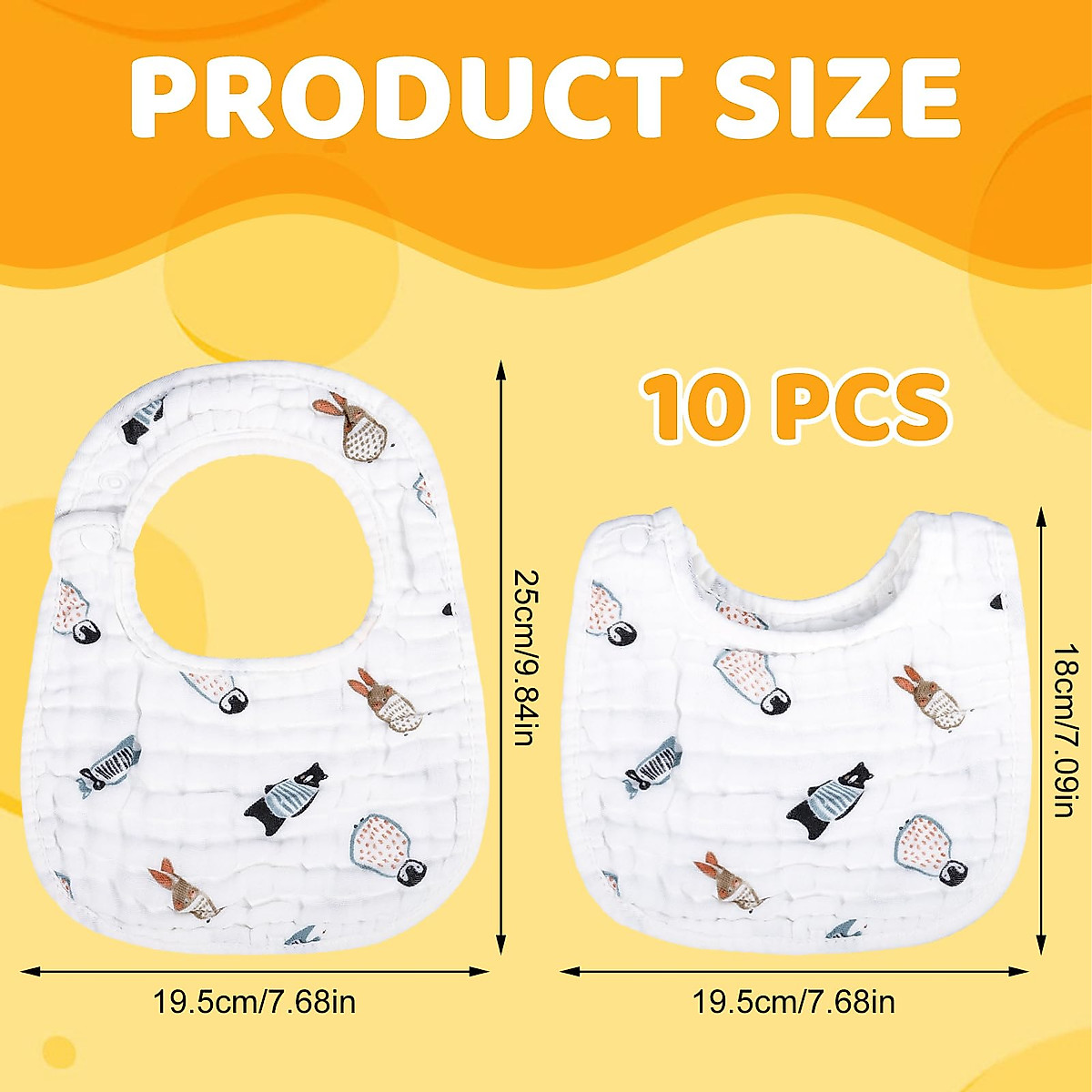 Fuyamp 10 Pcs Muslin Baby Bibs Snap Muslin Bibs for Boys & Girls, 100% Cotton Muslin Absorbent & Soft Layers, 8 Layers Muslin Bibs for Infant Teething and Drooling