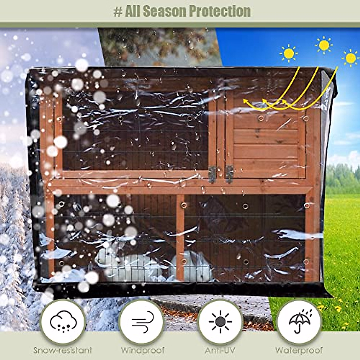 Gicov Rabbit Hutch Cover 4ft Waterproof Double Decker Rabbit Cage Cover Bunny Hutch Protector with Air Hole Visible Lid for Winter Outdoor