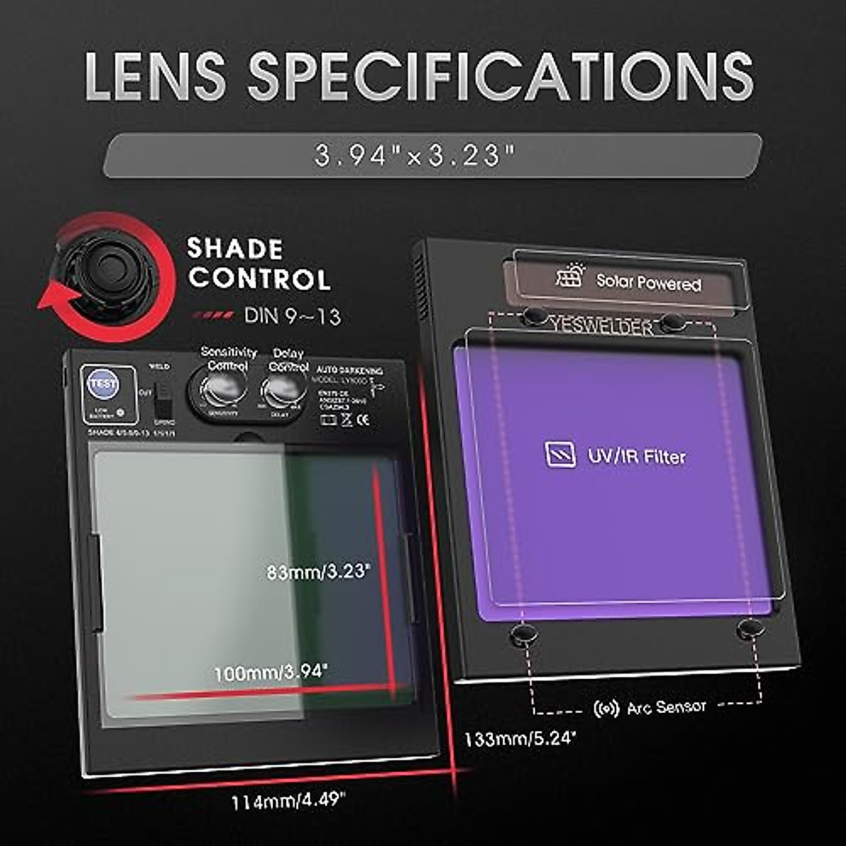 YESWELDER Large Viewing True Color Solar Powered Auto Darkening Welding Helmet with Side View, 4 Arc Sensor Wide Shade 4/5-9/9-13 Welder Mask for TIG MIG ARC Grinding Plasma LYG-Q800D-A