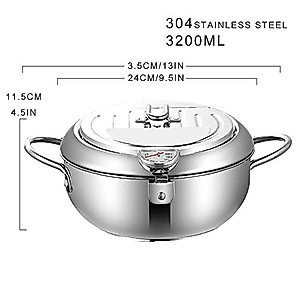 Stainless Steel Deep Fryer, 9.5 Inch Temperature Control Fryer with Lid and Oil Drip Rack, Tempura Frying Pot for Kitchen Cooking (3.2L/304)