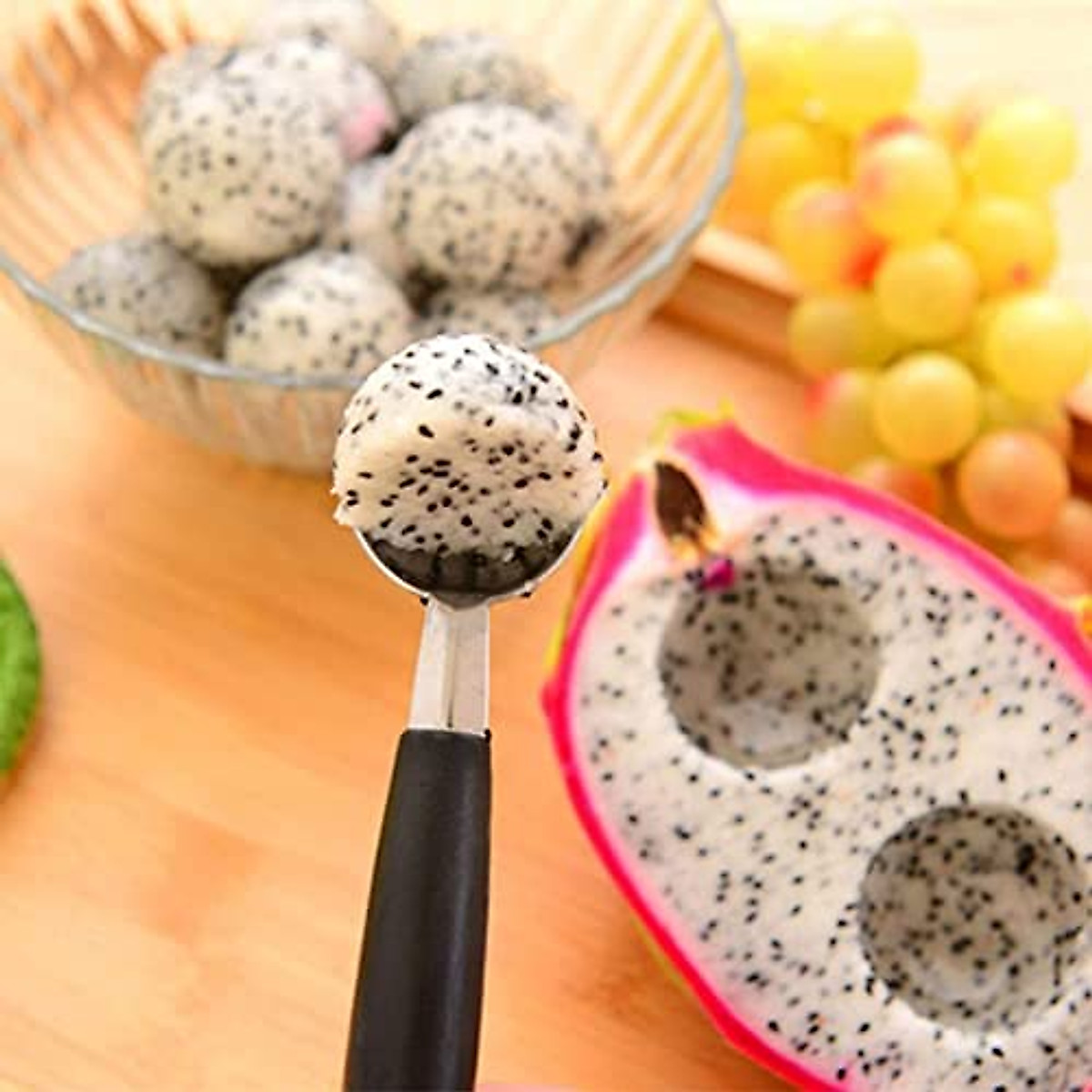 Double-Sided Fruit Melon Baller Spoon, 2 in 1 Stainless Steel Melon Ballers Melon Scoop for Watermelon Cantaloupe Ice Cream,18cm, Black/Silver