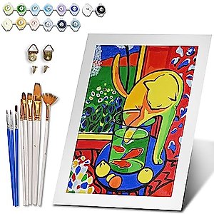 Limebrush DIY Paint by Numbers for Adults Beginner Set - Creative 12"x14.5" Unframed Rolled Canvas Adult Paint by Number Kit with Reusable Brushes, Acrylic Paints – The Cat with Red Fish