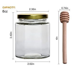 Woaiwo-q 6 oz Hexagon Glass Honey Jars, Glass Jars with Gold Lids,Bronzy Bee Pendants,Wooden Honey Sticks,Small Tags,1.5m Jute Twine -Clear Hexagon Jars for Honey,Jams, Liquid.(25 Pcs)…