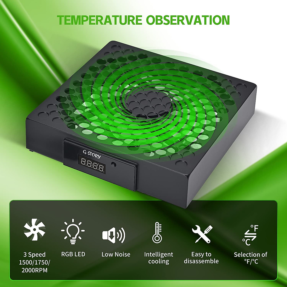 G-STORY Cooling Fan for Xbox Series X with Automatic Fan Speed Adjustable by Temperature, LED Display, High Performance Cooling, Low Noise, 3 Speed 1500/1750/2000RPM (140MM) with RGB LED