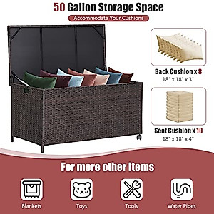 Giantex Outdoor Wicker Storage Box - 50 Gallon PE Rattan Storage Container with Lid, Waterproof Liner, Universal Wheels, Deck Storage for Pillows, Cushions, Gardening Tools, Mix Brown