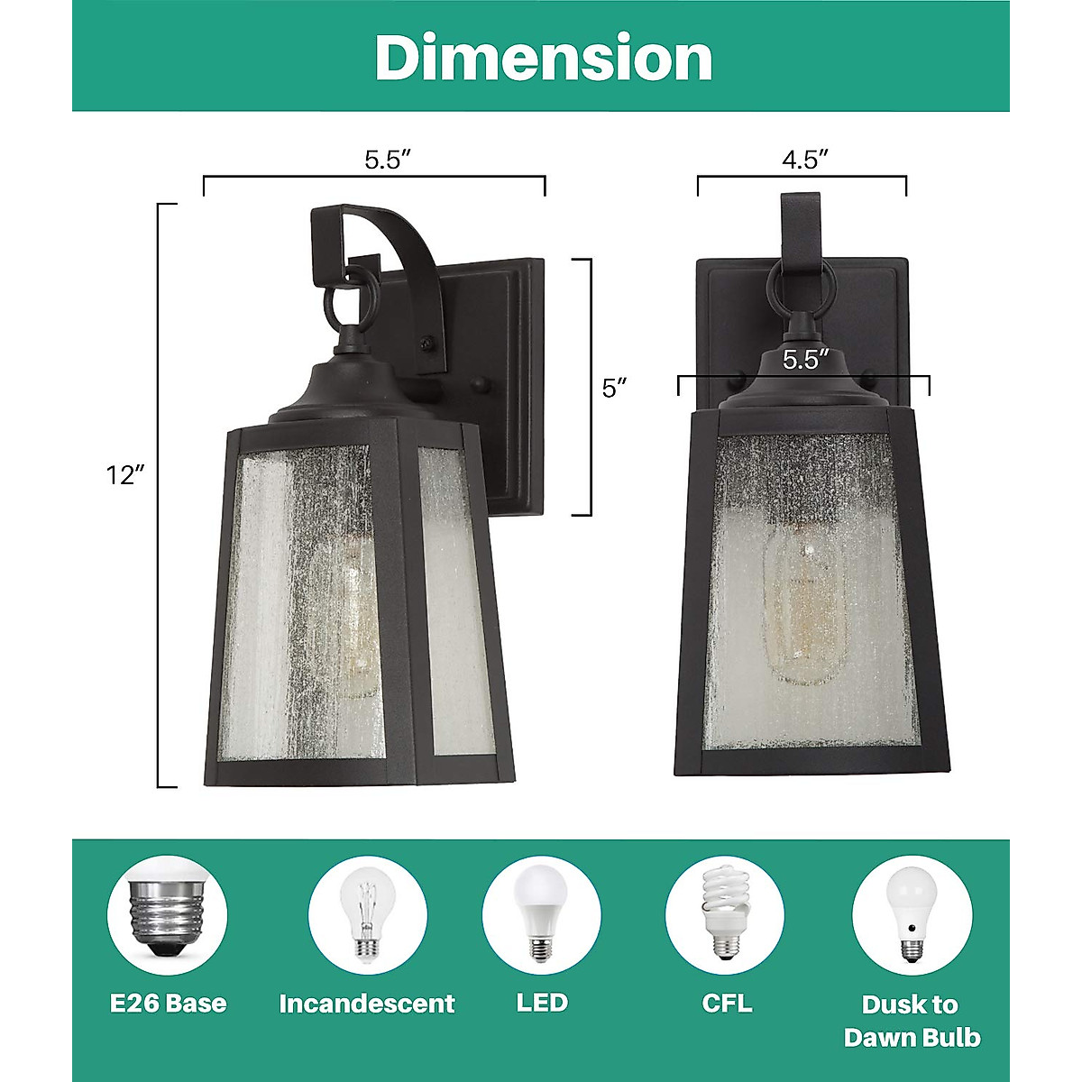 KSANA Outdoor Light Fixtures Wall Mount, Rust-Proof Metal Exterior Light Fixture with Seeded Glass, Outdoor House Lights for Porch, Patio, Doorway, Garden, Yard, Garage, Black Finish