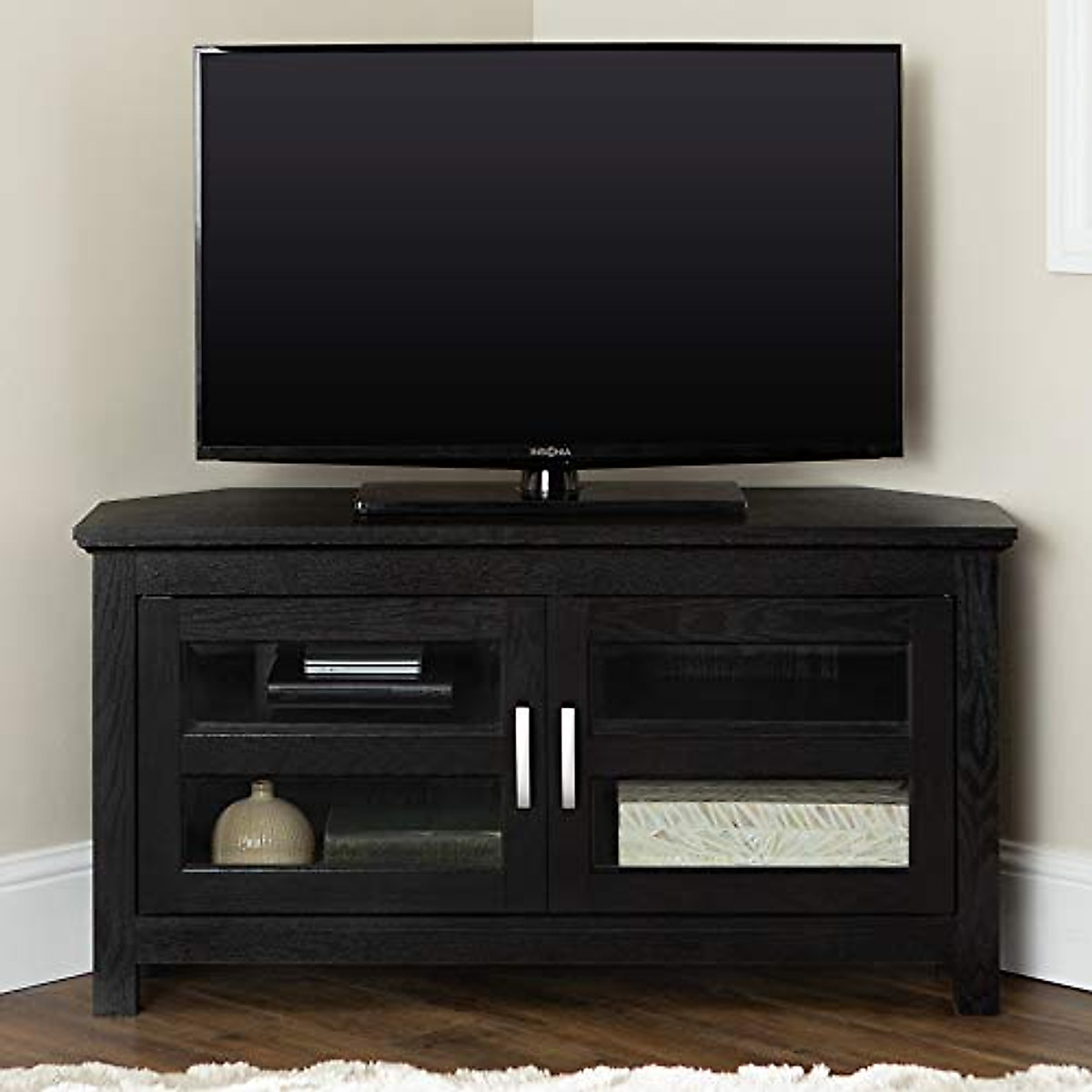 Walker Edison 2 Door Cabinet Corner Wood TV Stand for TV's up to 48" Living Room Storage Flat Screen Living Room Storage Entertainment Center, 44 Inch, Black