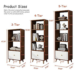 IOTXY 3-Tier Open Shelves Bookcase - 47 Inches Height Modern Floor Standing Cubes Wooden Low Bookshelf with Storage Drawer and Legs, Walnut