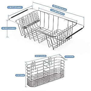 Sink Dish Drying Rack, 304 Stainless Steel Rustproof Expandable Dish Drainer Organizer with Stainless Steel Silverware Holder Over Inside Sink-Adjustable 14.96" to 20.59" （Maximium 7 Upright Dishes ）