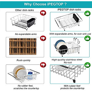 iPEGTOP Expandable Deep & Large Dish Drying Rack, Over The Sink, in Sink Or On Counter Dish Drainer Basket Shelf with Black Removable Utensil Silverware Holder, Rustproof Stainless Steel