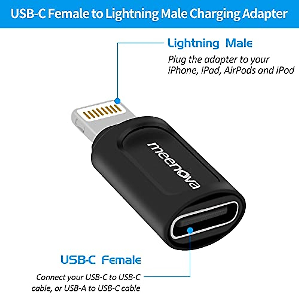 2Pack, Meenova USB C Female to iOS 15 Male Charging Converter, 2.4A12W for iPhone 13 Mini, Pro Max, 12, 11, Xs, Sync Data,Compatible with eMarker PD Type-C Cable,Anti-Lost Rubber Keeper Attach to Cord