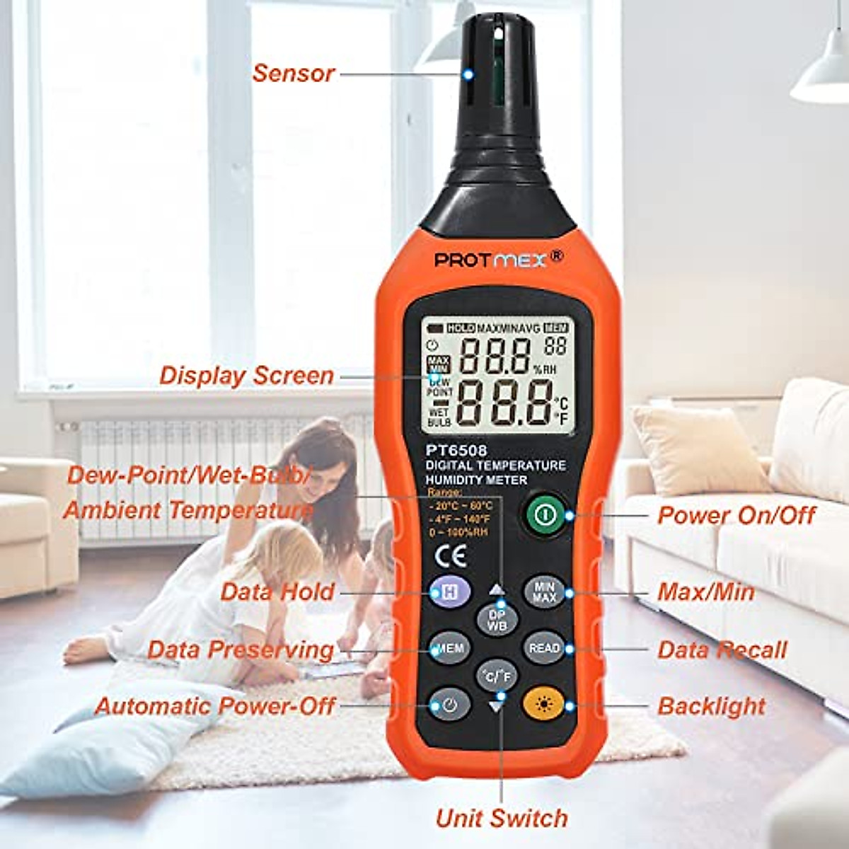 Protmex Digital Temperature Humidity Meter, Thermometer Hygrometer with Ambient Dew Point and Wet Bulb Temperature Indoor and Outdoor, Data Logger with Min/Max Hold, LCD Backlight, PT6508